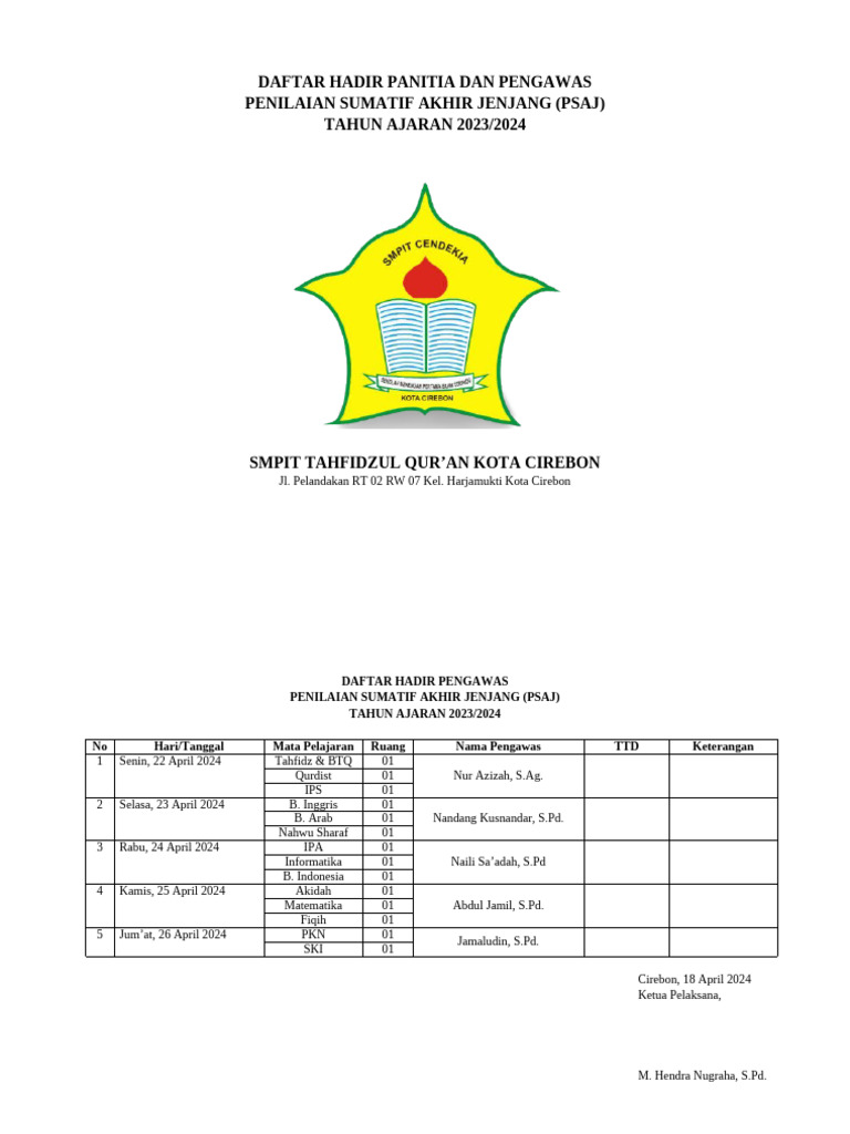 Daftar Hadir Pengawas Saj | PDF