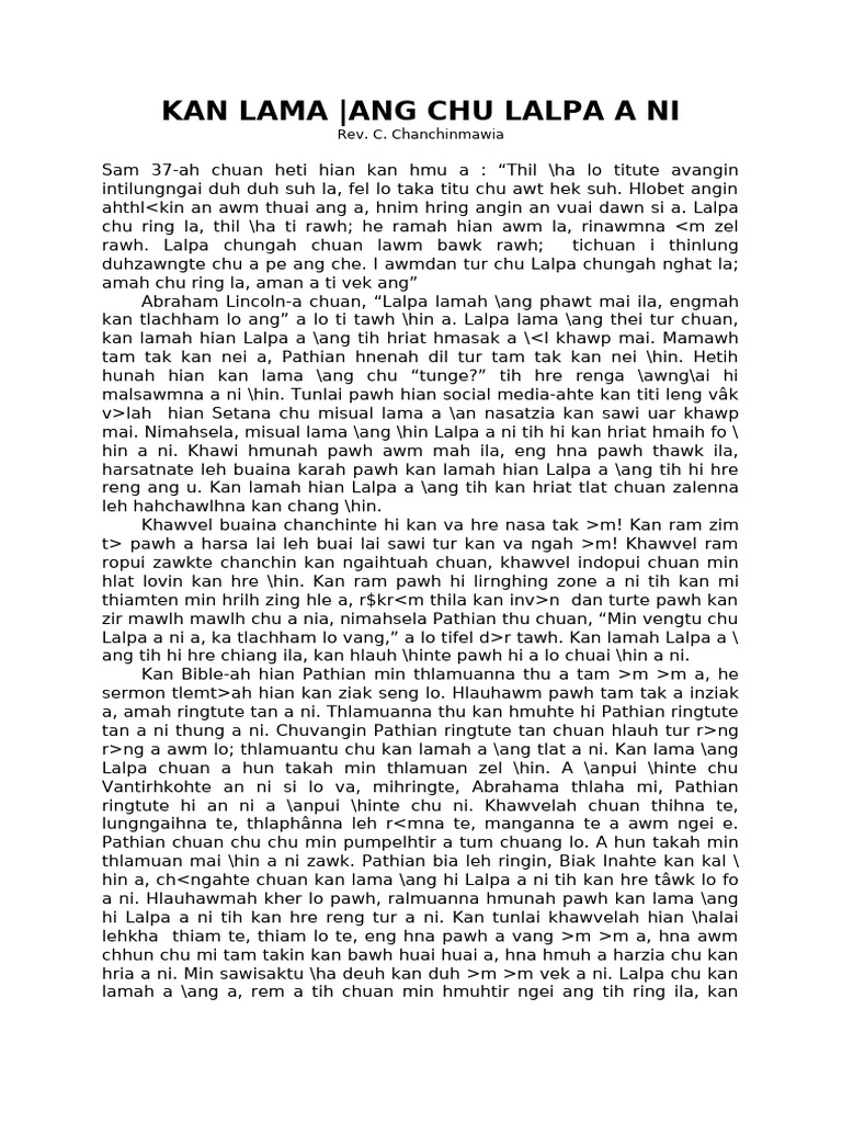 Kan Lama Tang Chu Lalpa A Ni. Rev. Chanchinmawia | PDF