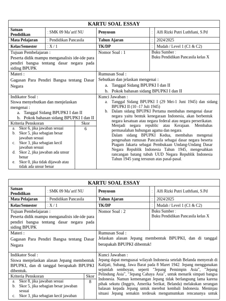 Kartu Soal Essay | PDF