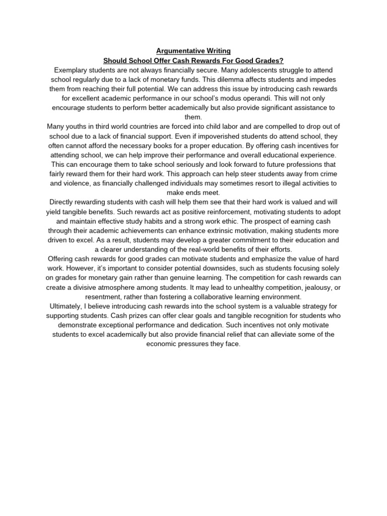 Should School Offer Cash Rewards For Good Grades - (Argumentative ...