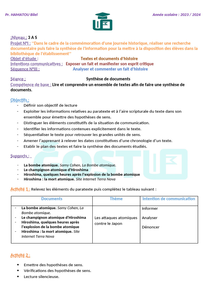 Fiche Prof - Synthèse de Documents | PDF