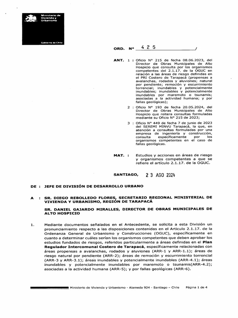 Ord. DDU N°425 de 23-08-2024 A SEREMI Región de Tarapacá y DOM de Alto ...