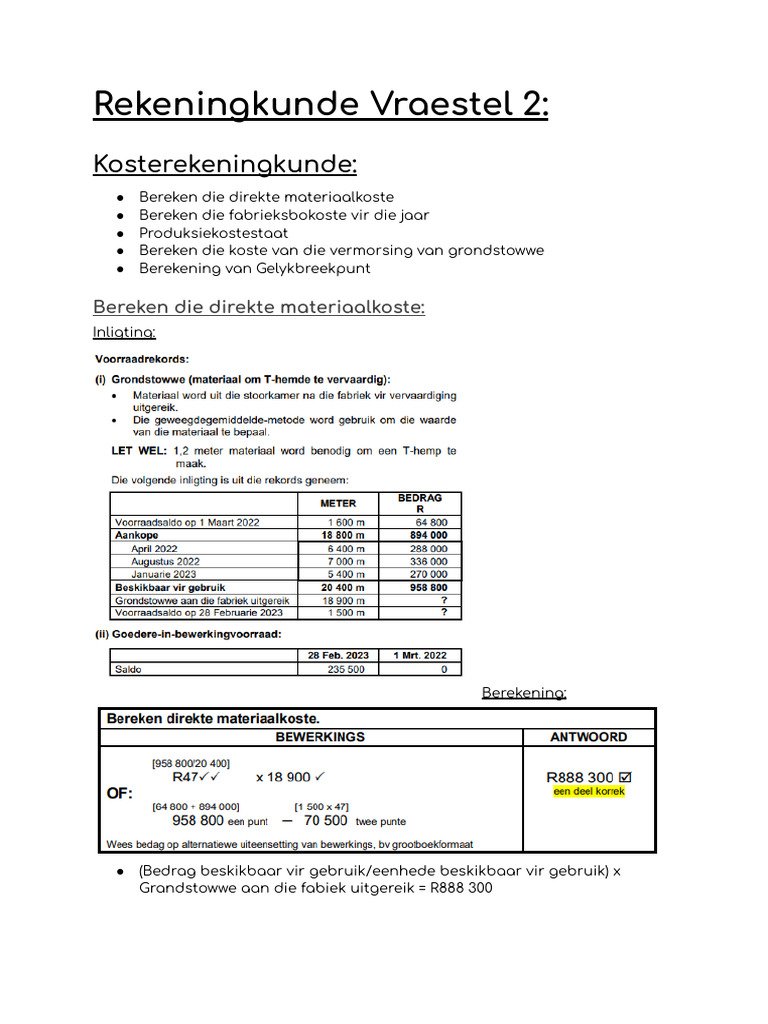 Rekeningkunde Vraestel 2 Kosterekeningkunde | PDF