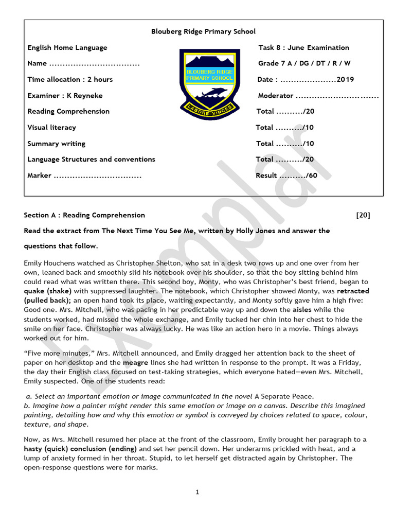 Grade 7 English June 2019 and Marking Guidline | PDF | Subject (Grammar ...