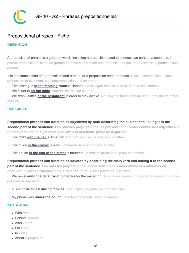 Prepositional Phrases - Fiche | PDF