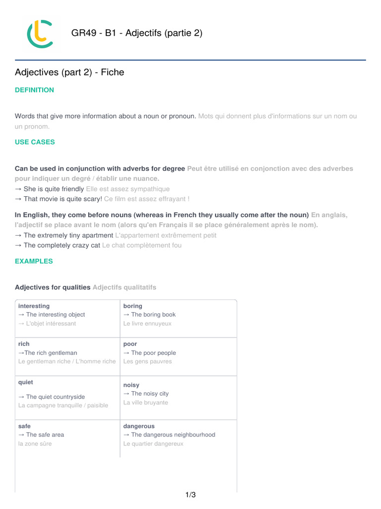 Adjectives (Part 2) - Fiche | PDF