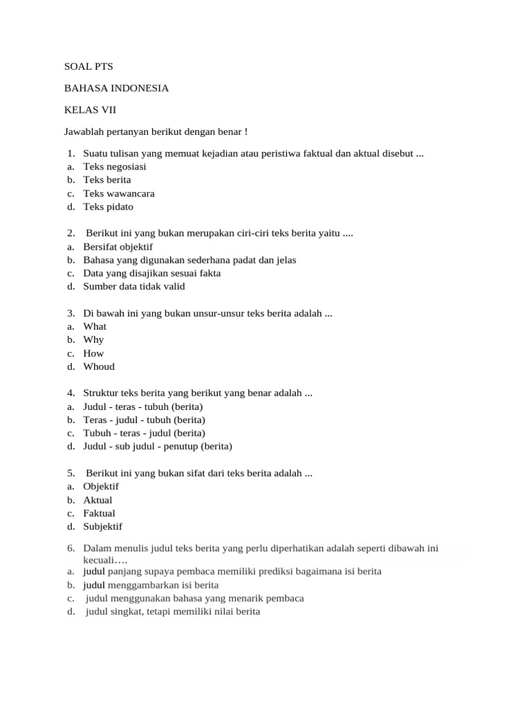 Soal PTS ASIH BINDO KLS VII | PDF