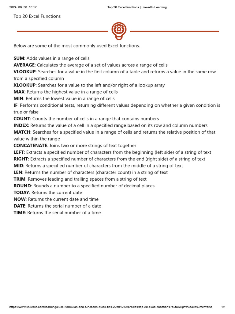 Top 20 Excel Functions - LinkedIn Learning | PDF