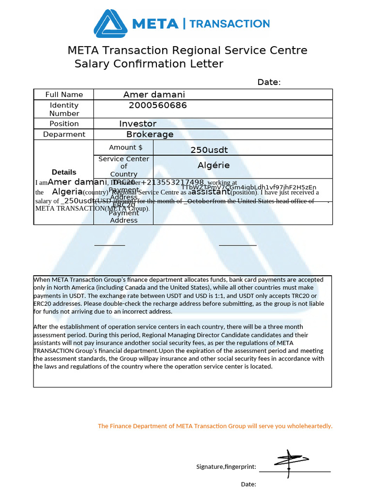 META TRANSACTION Salary Confirmation Letter2 | PDF