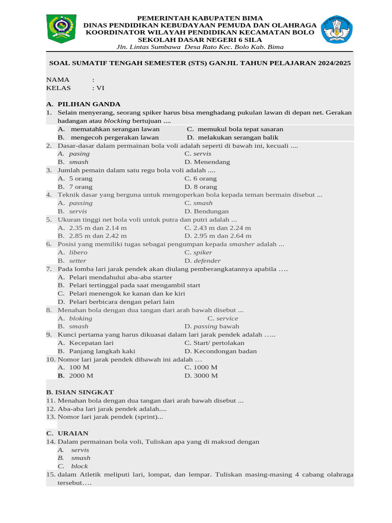 Soal Mid Pjok 2024 456 | PDF