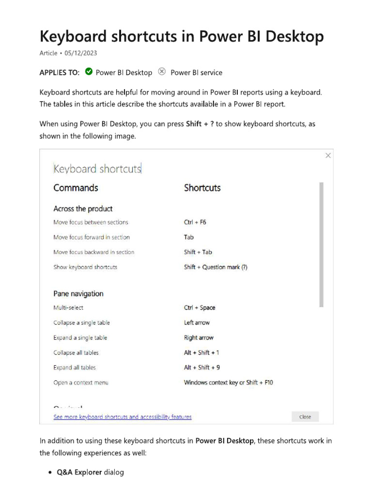 Power Bi Shortcuts | PDF