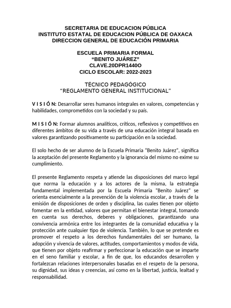 Reglamento Escuela Primaria Benito Juarez | PDF