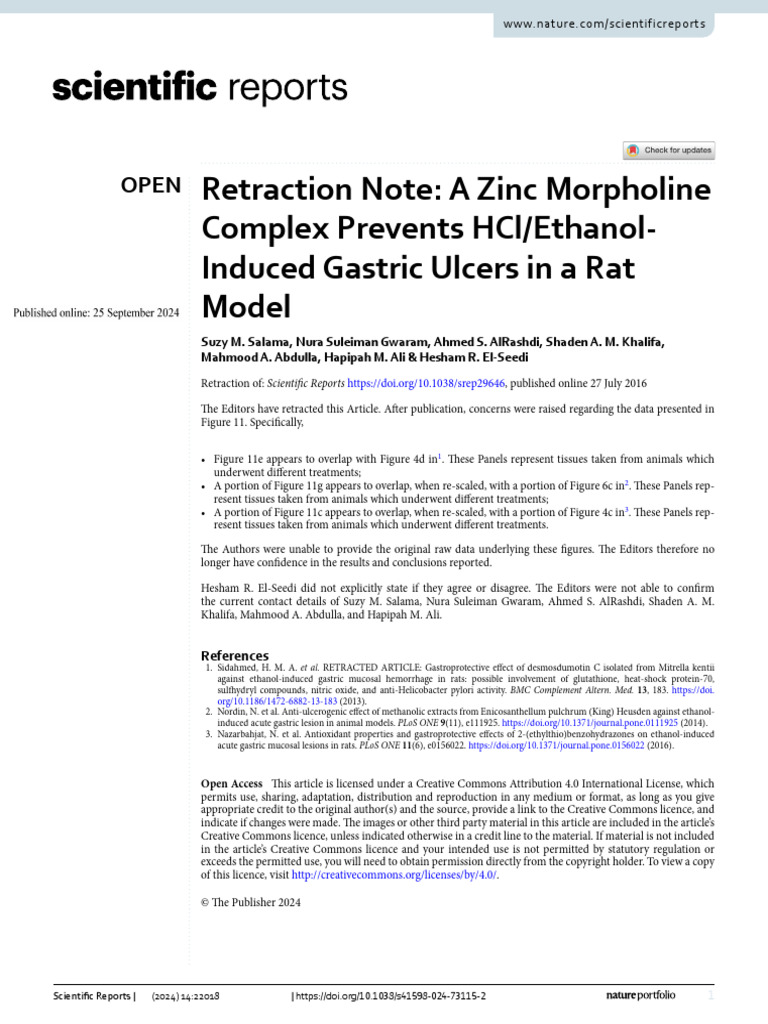 Retraction Note: A Zinc Morpholine Complex Prevents Hcl/Ethanol-Induced Gastric Ulcers in A Rat ...