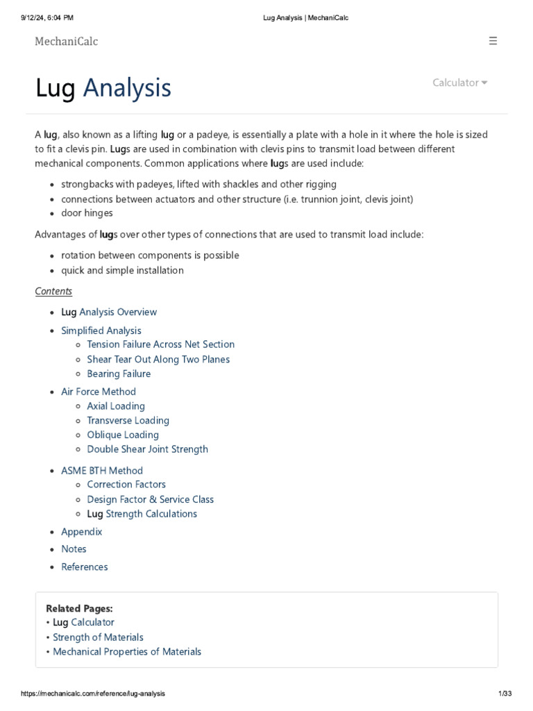 22.0 Lug Analysis - MechaniCalc | PDF