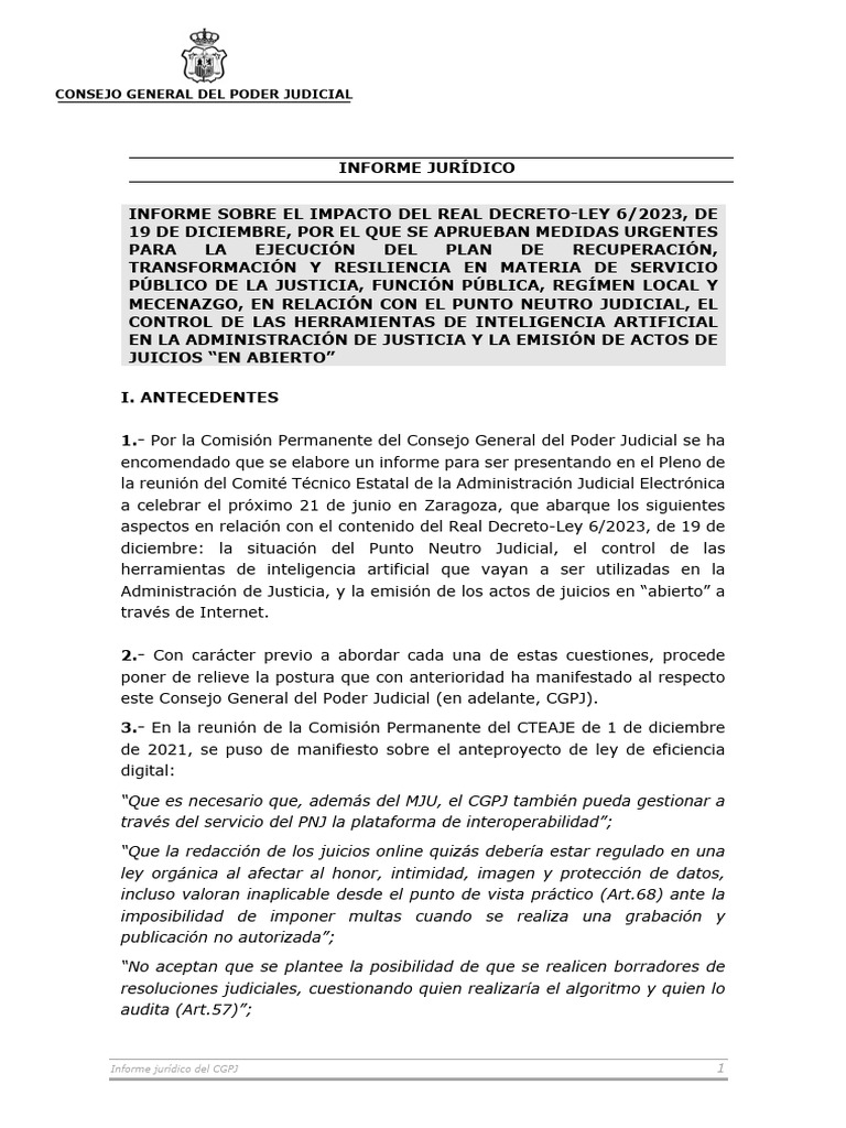 Informe Sobre El Impacto Del Real Decreto-Ley 62023 - Informe CGPJ | PDF