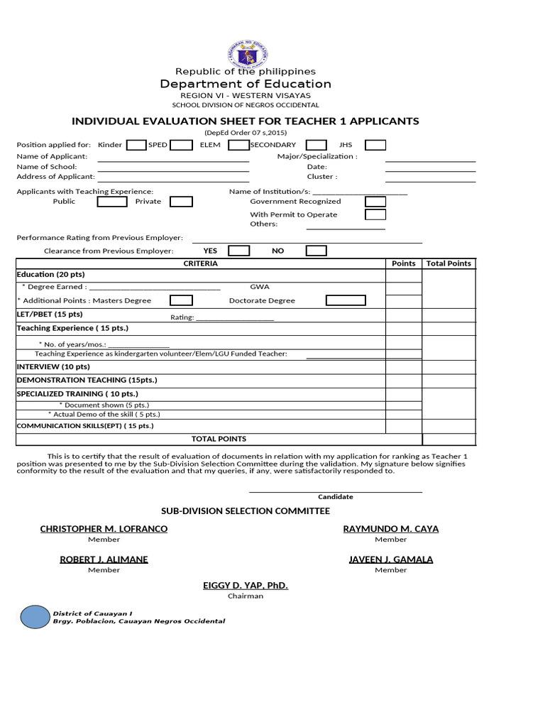 Teacher 1 Applicants Evaluation Sheet | PDF