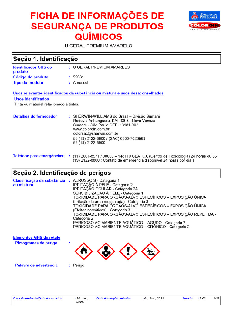 FISPQ - Uso Geral Premium Amarelo (Colorgin) | PDF