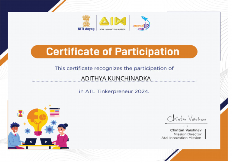 ADITHYA KUNCHINADKA Tinkerpreneur 2024 Student Participation Certificate | PDF