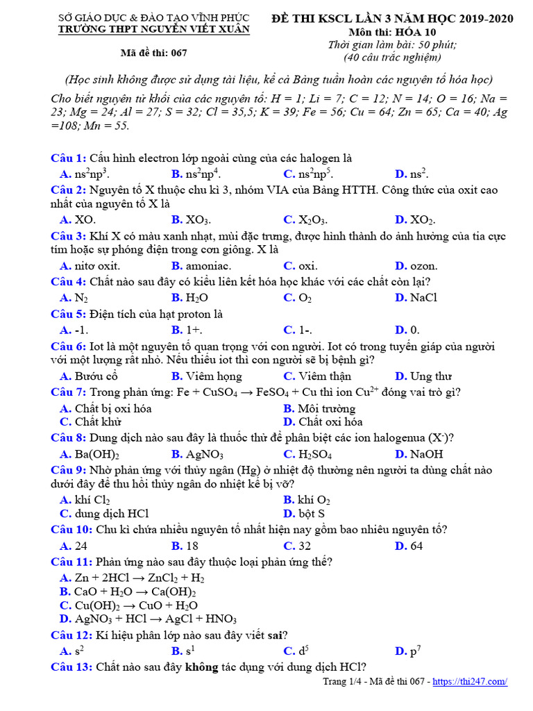 De KSCL Hoa Hoc 10 Nam 2019 2020 Lan 3 Truong Nguyen Viet Xuan Vinh Phuc | PDF