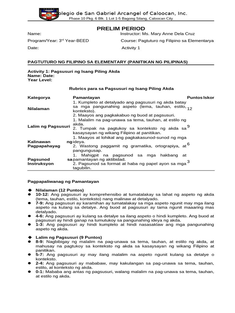 Rubrics in Filipino | PDF