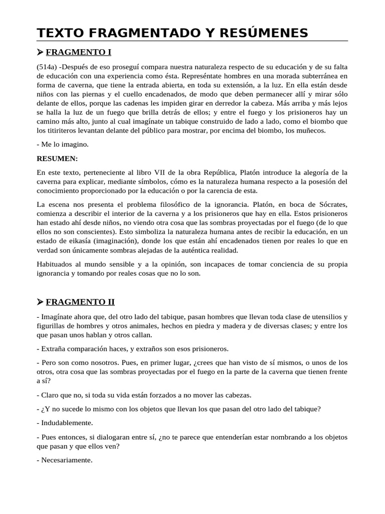 Texto Fragmentado y Resúmenes Platón Andalucía | PDF