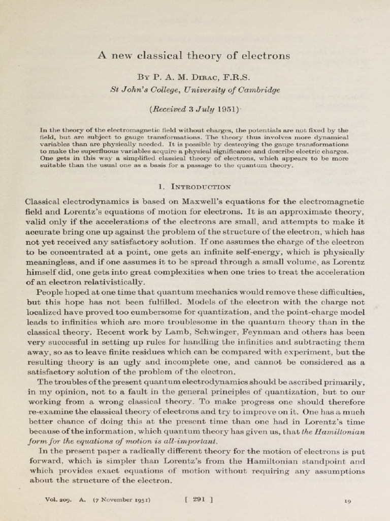 Dirac 1997 A New Classical Theory of Electrons | PDF