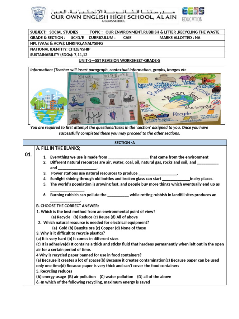 Unit 1 SST Revision Worksheet Grade 5caie 2024 25 | PDF