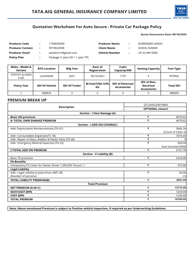 Tata AIG Motor Premium Quote - 3184 - QT - 24 - 6224919860 | PDF ...