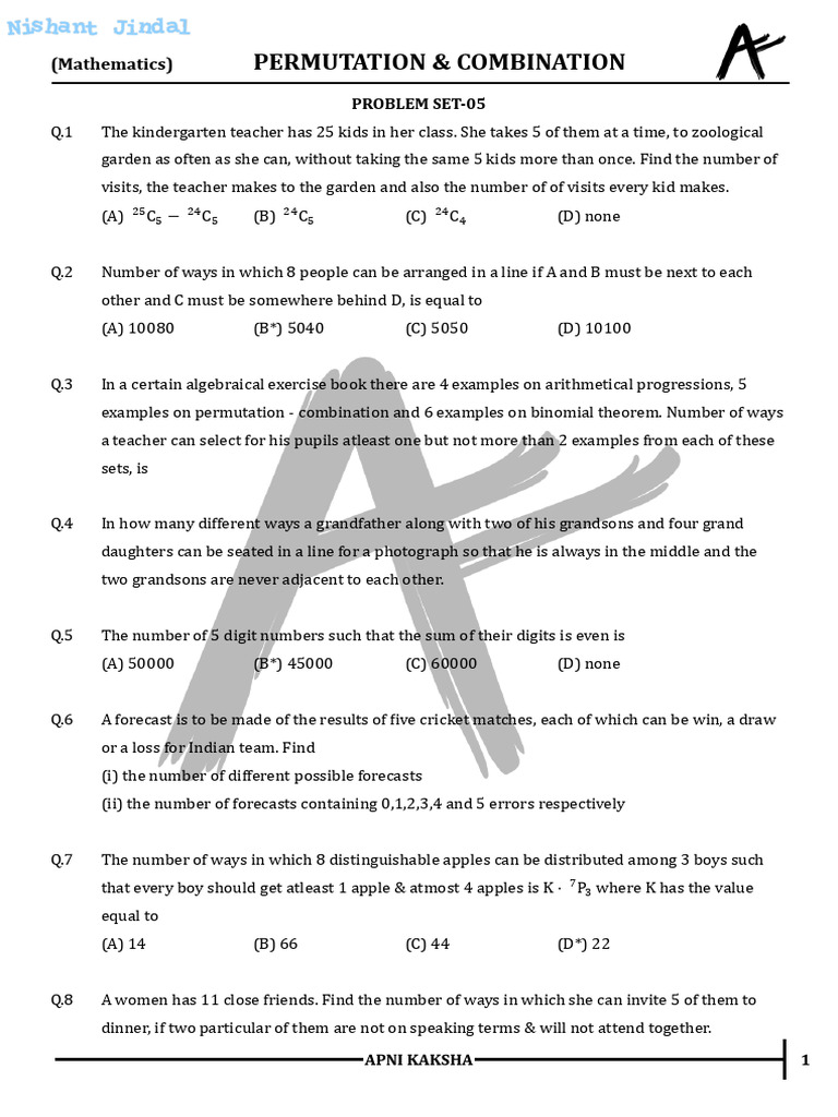 DPP 05 Problem Set 05 Permutation & Combination NJ 247-Unlocked | PDF