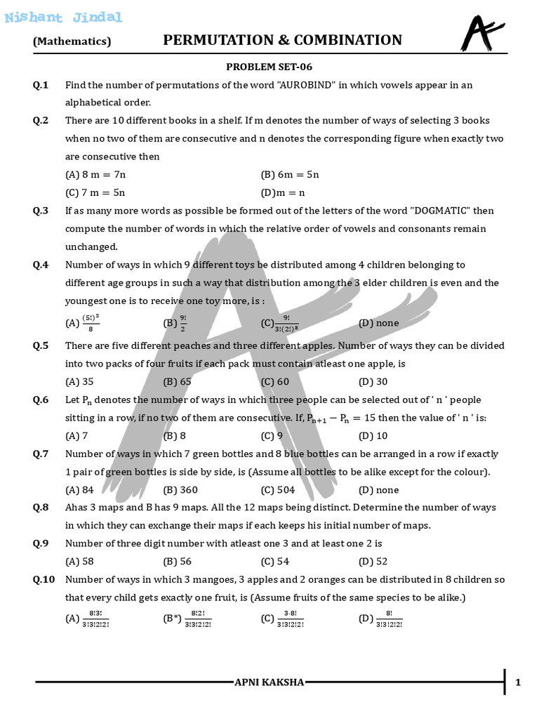 DPP 06 Problem Set 06 Permutation & Combination NJ 247-Unlocked | PDF