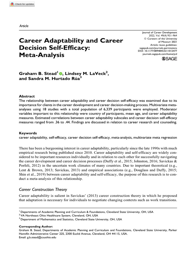 Stead Et Al 2021 Career Adaptability and Career Decision Self Efficacy Meta Analysis | PDF