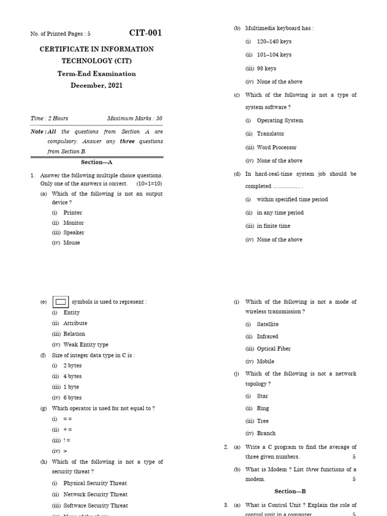 Cit-001 Question Papaer Dec 2021 | PDF