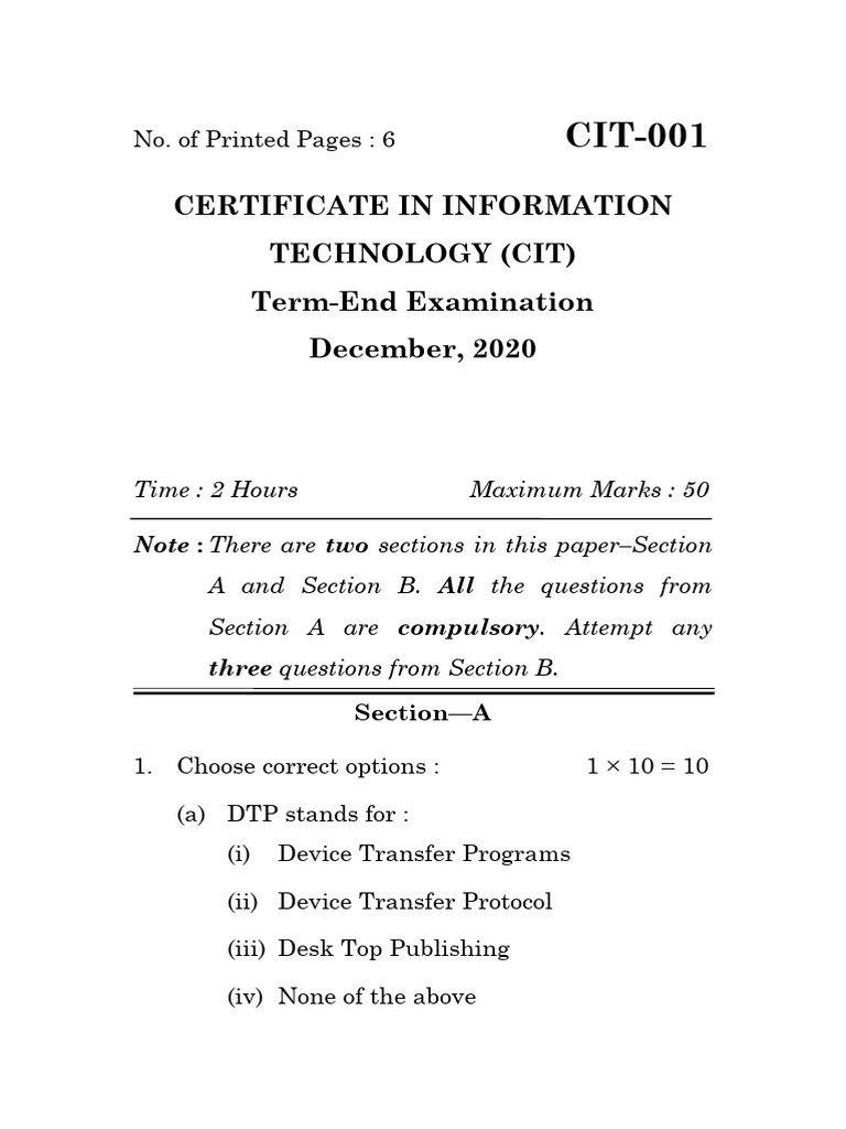 Cit-001 Question Papaer Dec 2020 | PDF