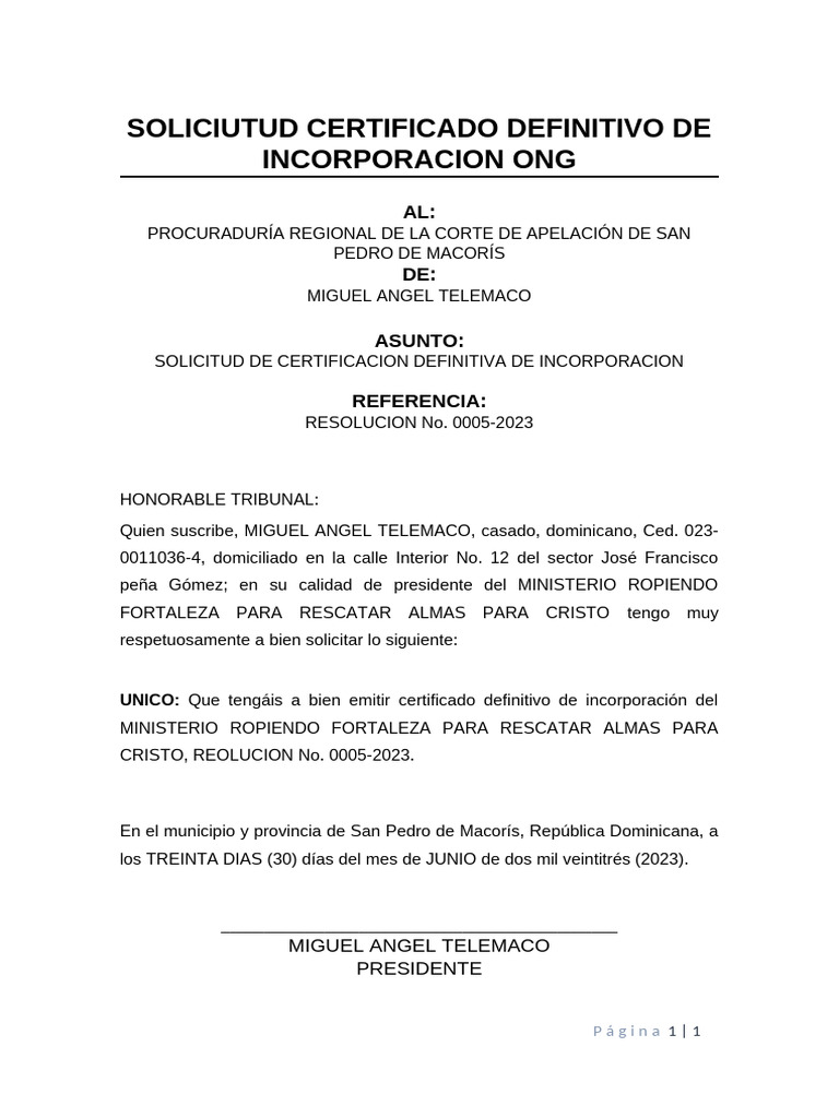 Soliciutud Certificado Definitivo de Incorporacion Ong | PDF