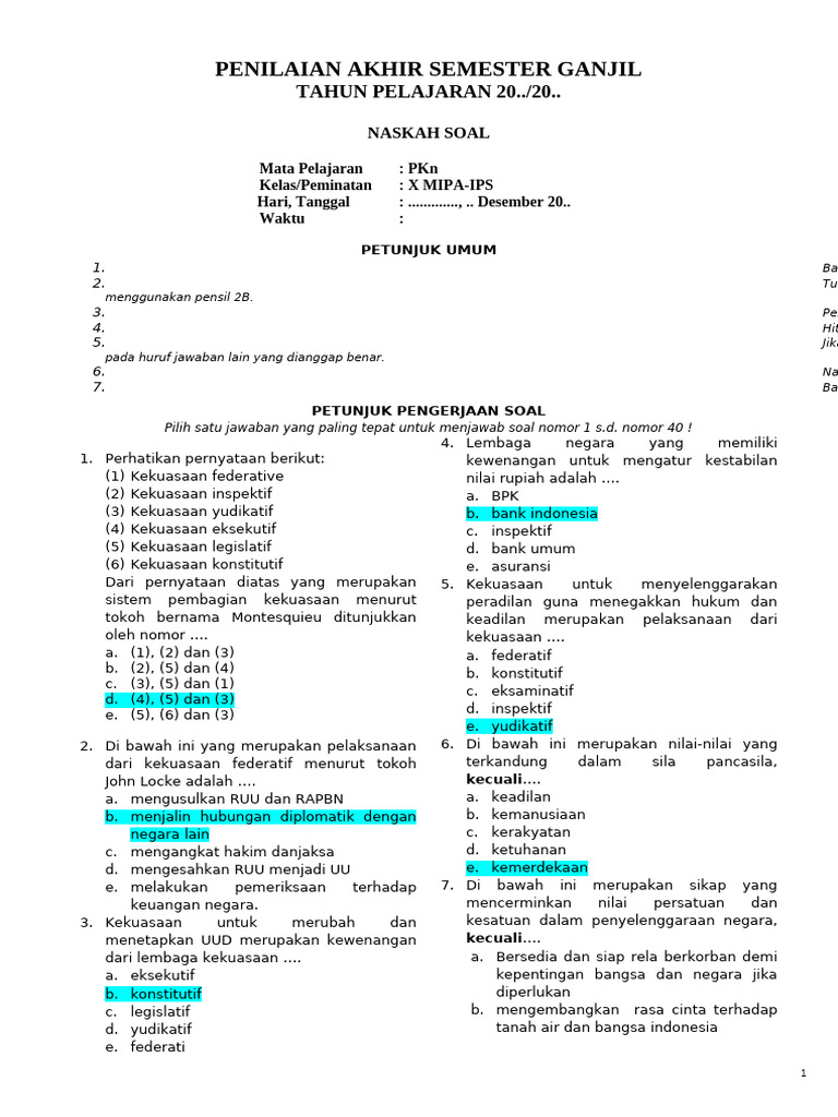 Soal Pas PKN Kelas X Ganjil | PDF