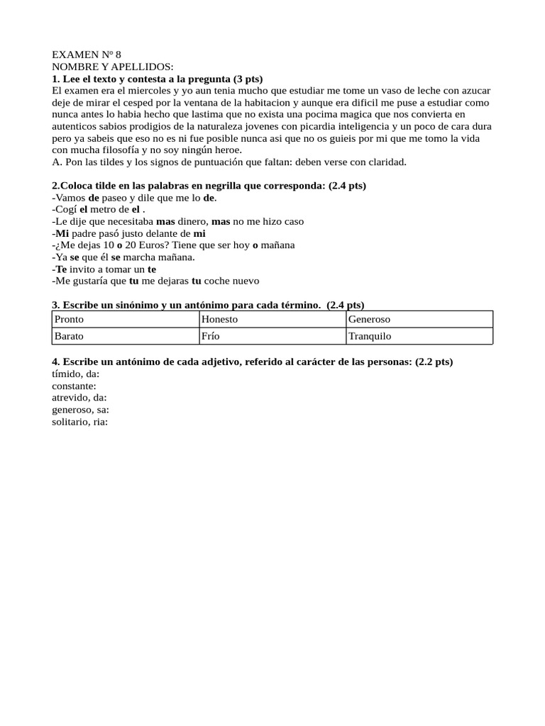 Examnes de Lengua 8-15 | PDF