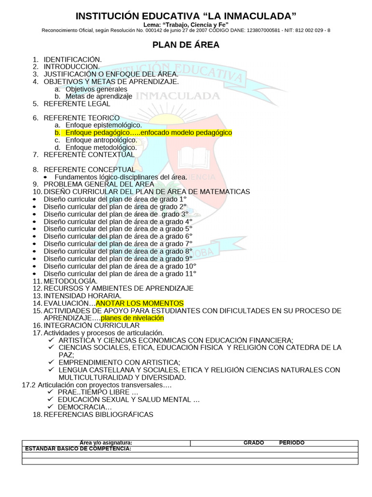 FORMATO PLAN DE AREA - Docx LENGUA CASTELLANA | PDF | Diseño | Crecimiento personal y profesional