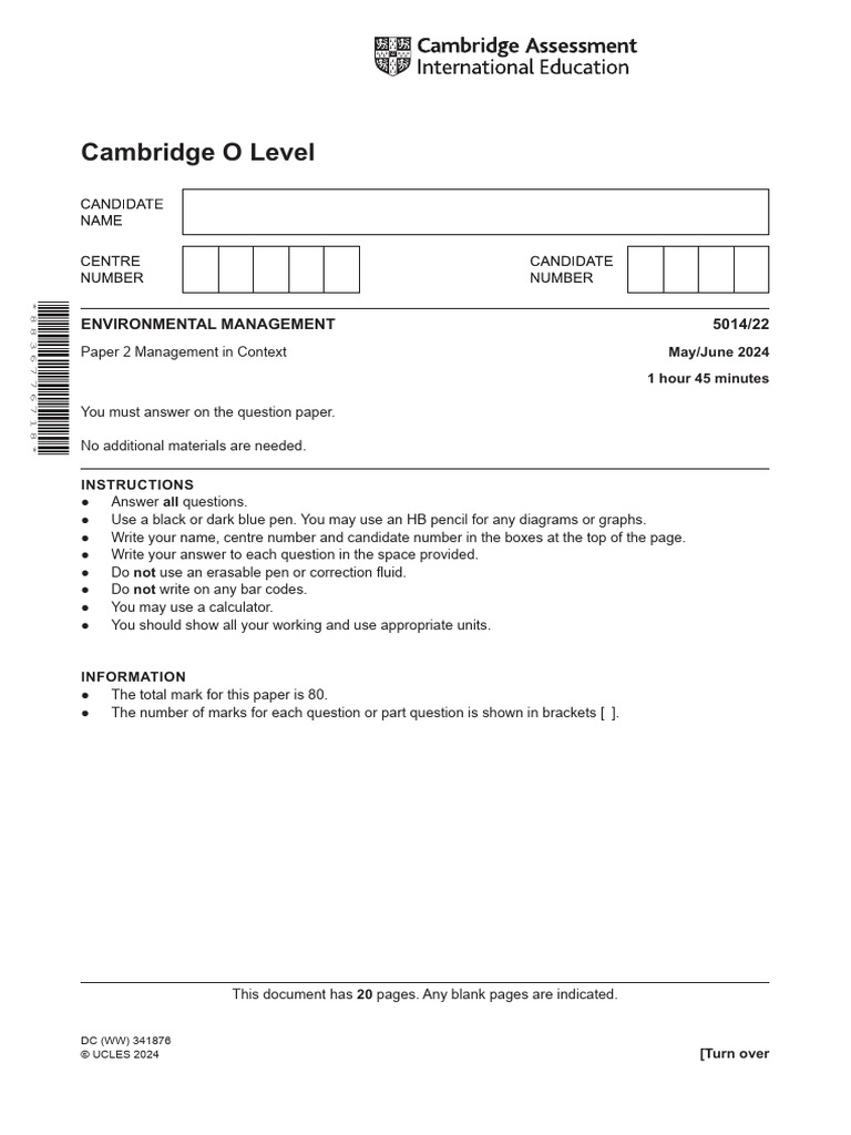 Cambridge O Level: Environmental Management 5014/22 | PDF