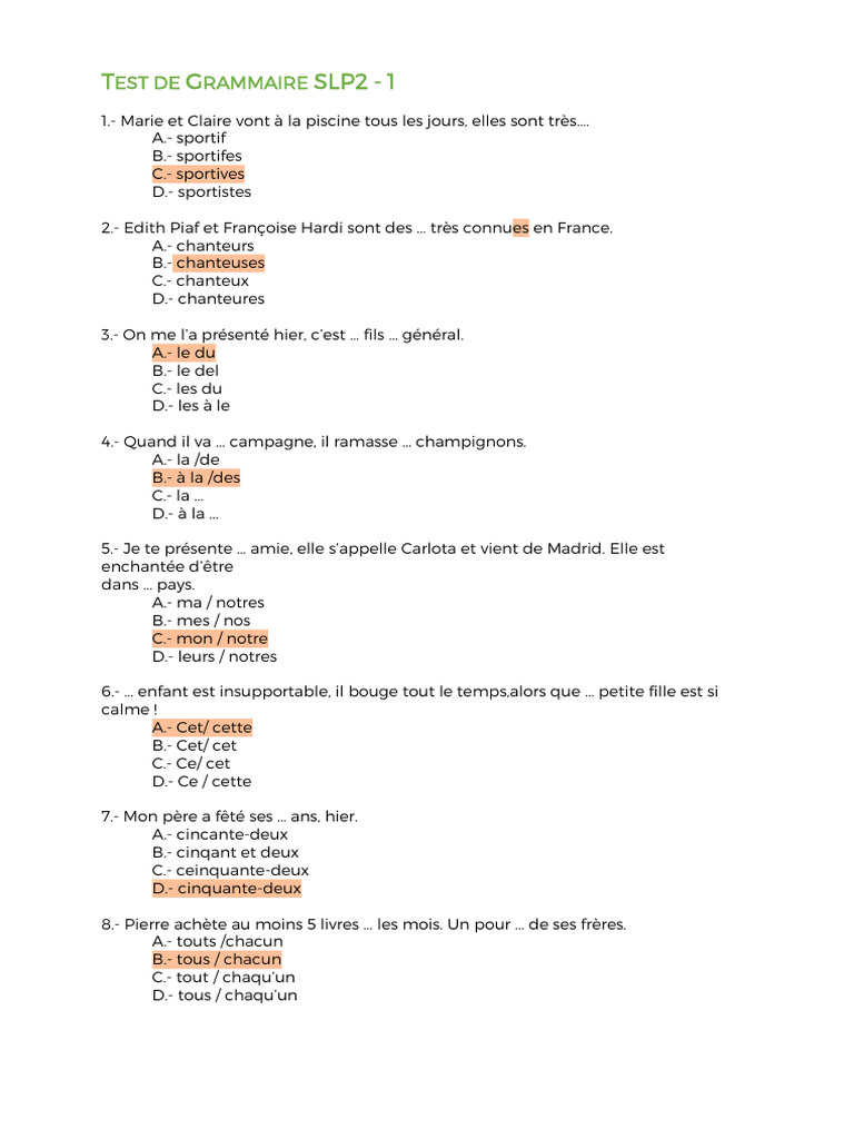 Test de Grammaire SLP2. 1 | PDF