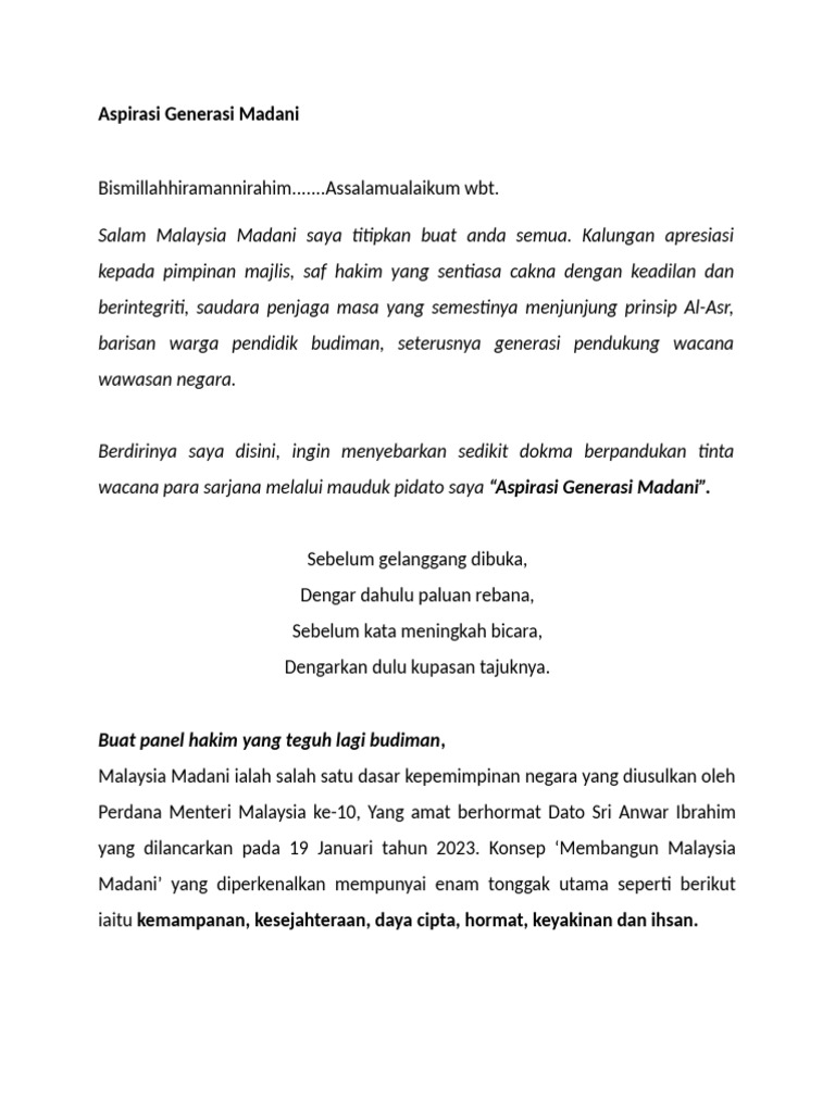 PIDATO - ASPIRASI GENERASI MADANI 2024 | PDF