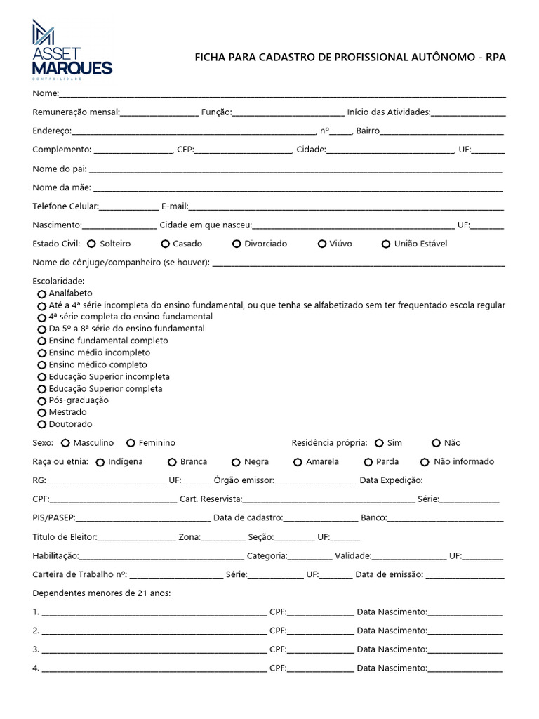Ficha Cadastro RPA | PDF