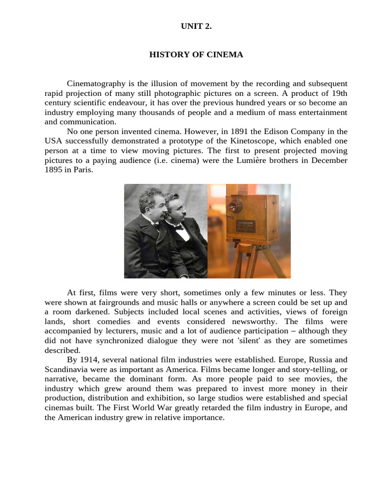 Unit 2. History of Cinema | PDF | Cinematography | Movie Theater