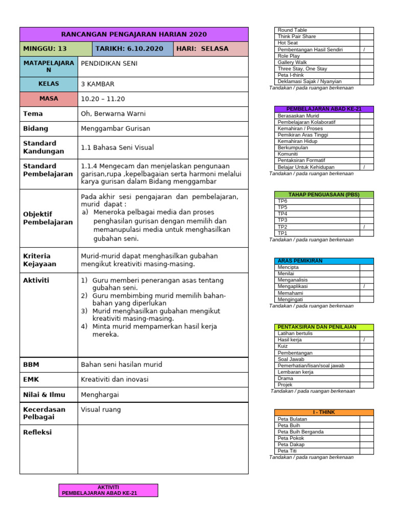 RPH Tahun 3 Seni 6.10.2020 | PDF