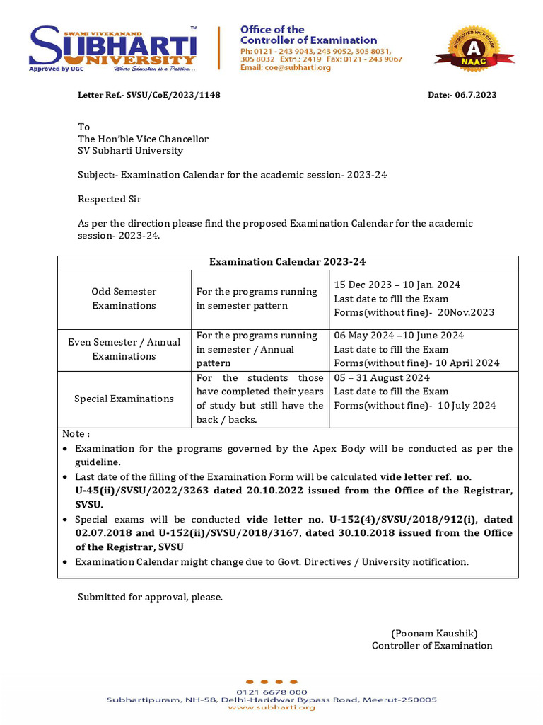 Exam. Calendar 2023-24 | PDF