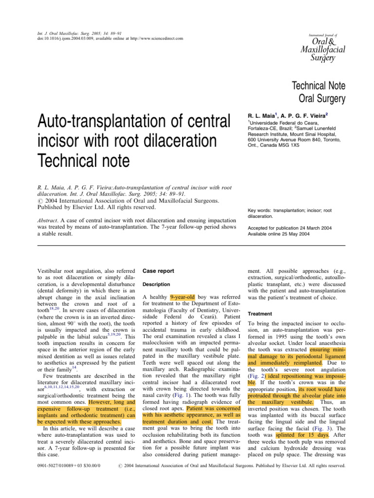 Auto-Transplantation of Central Incisor With Root Dilaceration 2004 | PDF