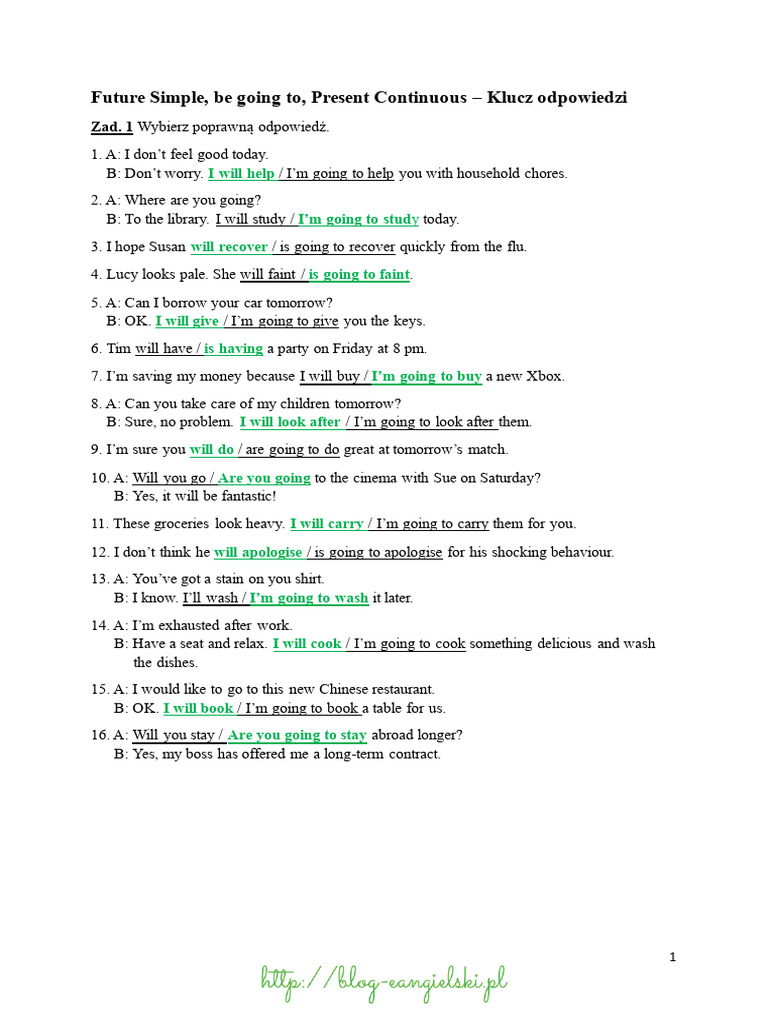 Future Simple Be Going To Present Continuous - Klucz Odpowiedzi | PDF
