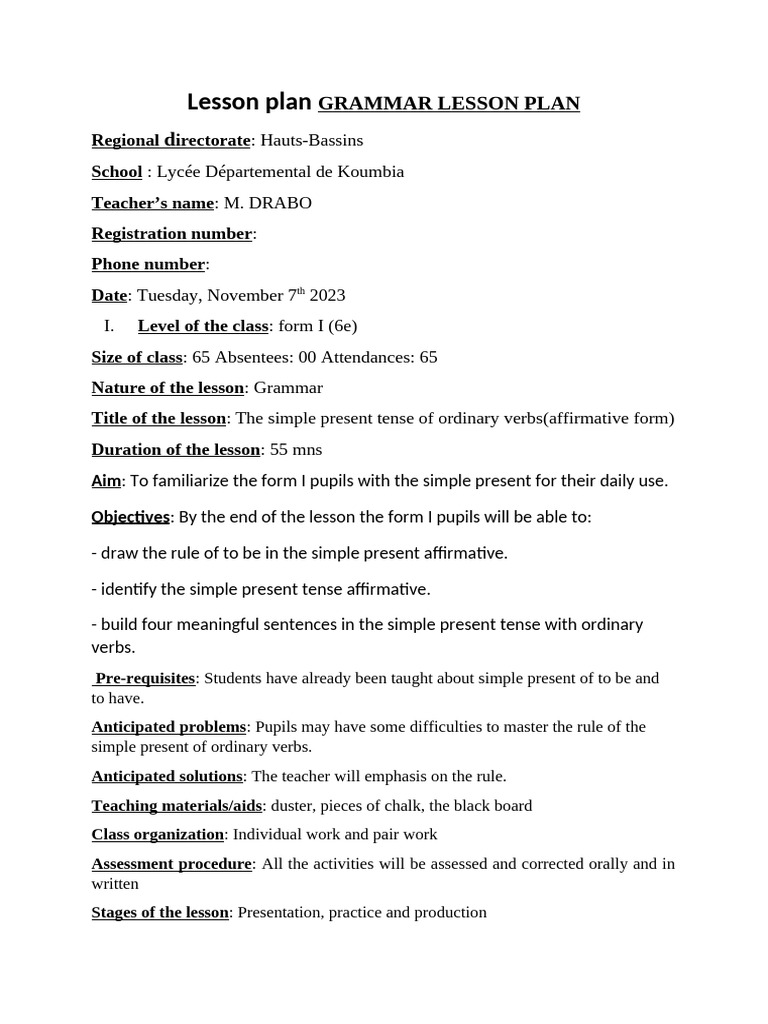 Lesson Plan Simple Present of Ordinary Verbs | PDF