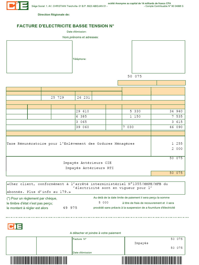 Facture D'Electricite Basse Tension N°: Nom, Prénoms Et Adresses | PDF