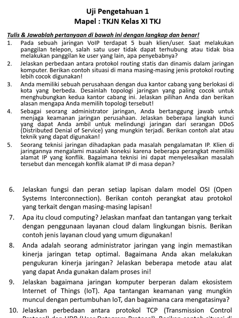 Uji Pengetahuan Jaringan Komputer TKJ XI | PDF | Komputer