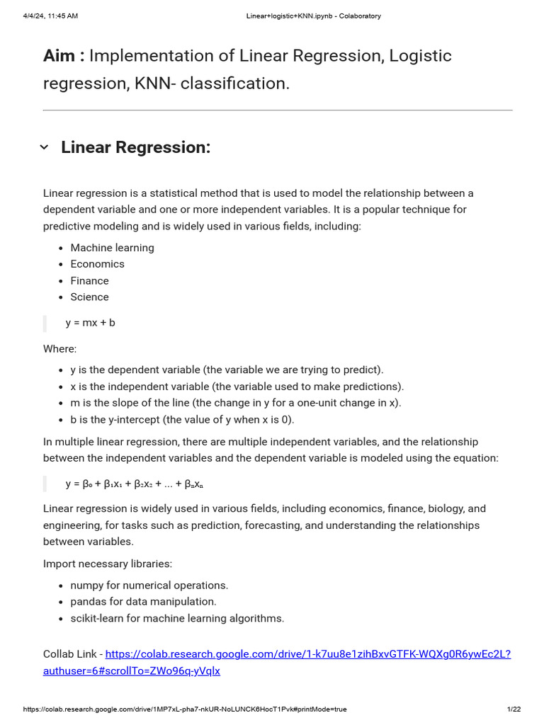 Linear+Logistic+KNN - Ipynb - Colaboratory | PDF